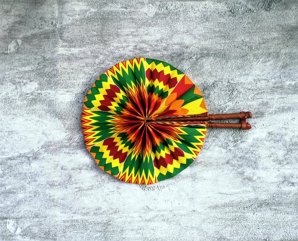 Yellow/Green Kente and Leather Handmade Fan – Sadji Treasures